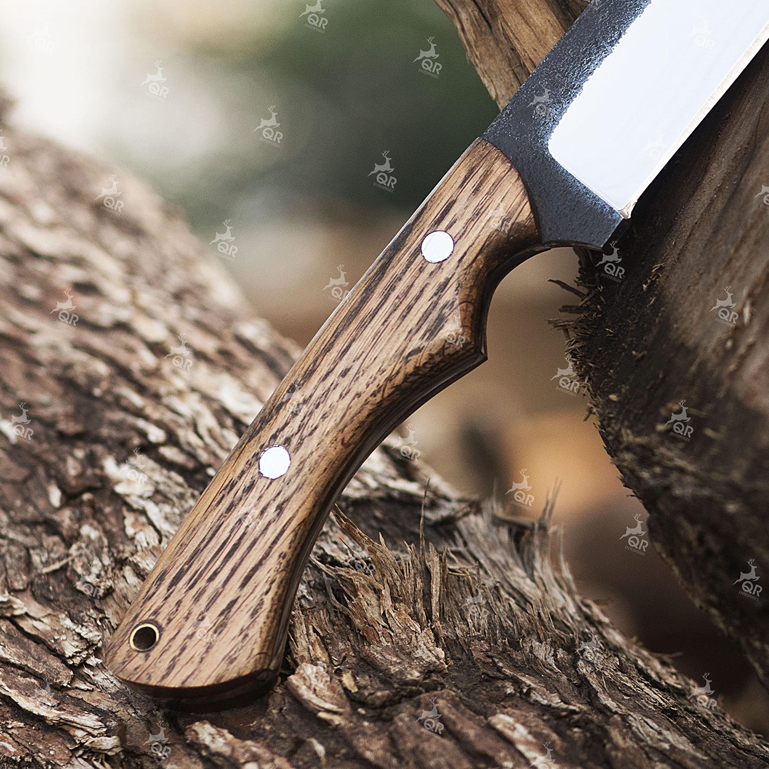 10'' Inch Fixed Blade Hunting Knife, Bushcraft, Survival, Outdoor, Skinning, Camping Full Tang Knife With Leather Sheath. (Oak Wood)