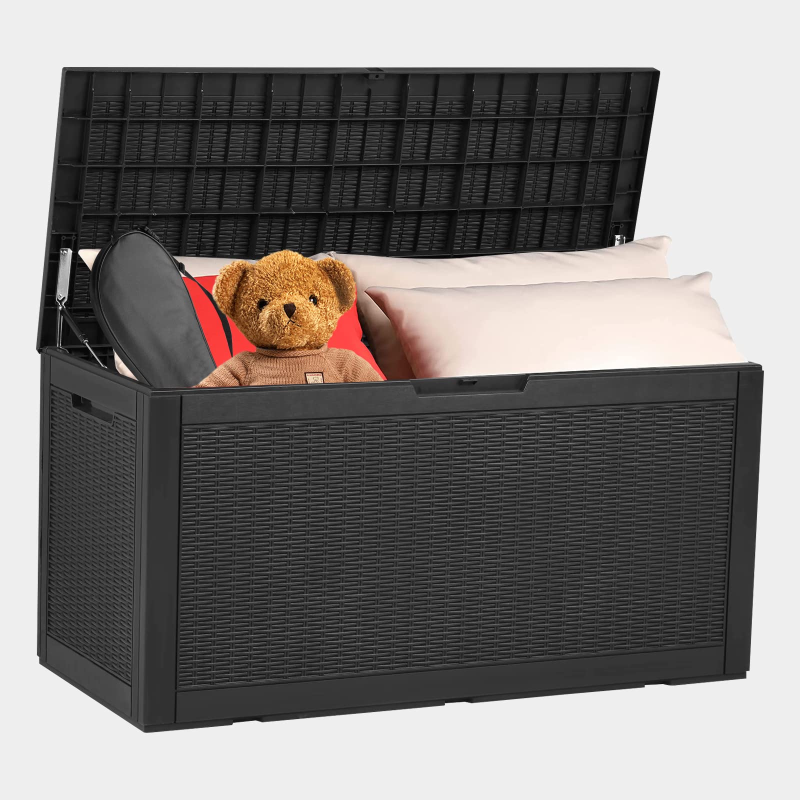 100 Gallon Deck Box with keyhole & Lid Indoor Outdoor Multifunctional Storage Box Large Lockable Resin Deck Bin Bench Waterproof Organization Storage Furniture for Storage Pool Supplies, Garden Tools