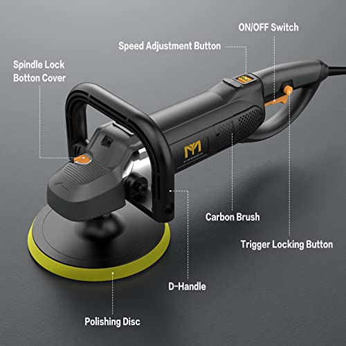 1500W Buffer Polisher, 180mm Rotary Car Polisher Machine Polishing Waxer Kit for Car Detailing with 6-Level Speed,D & Side Handle,4 Foam Pads, 2 Carbon Brushes and 10 Sandpapers