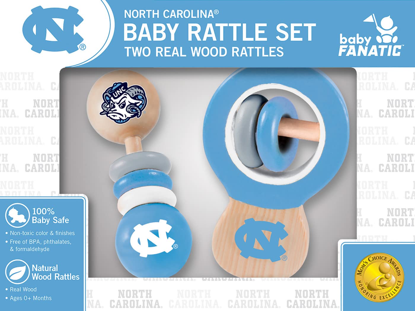 BabyFanatic Wood Rattle 2 Pack - NCAA UNC Tar Heels - Officially Licensed Baby Toy Set