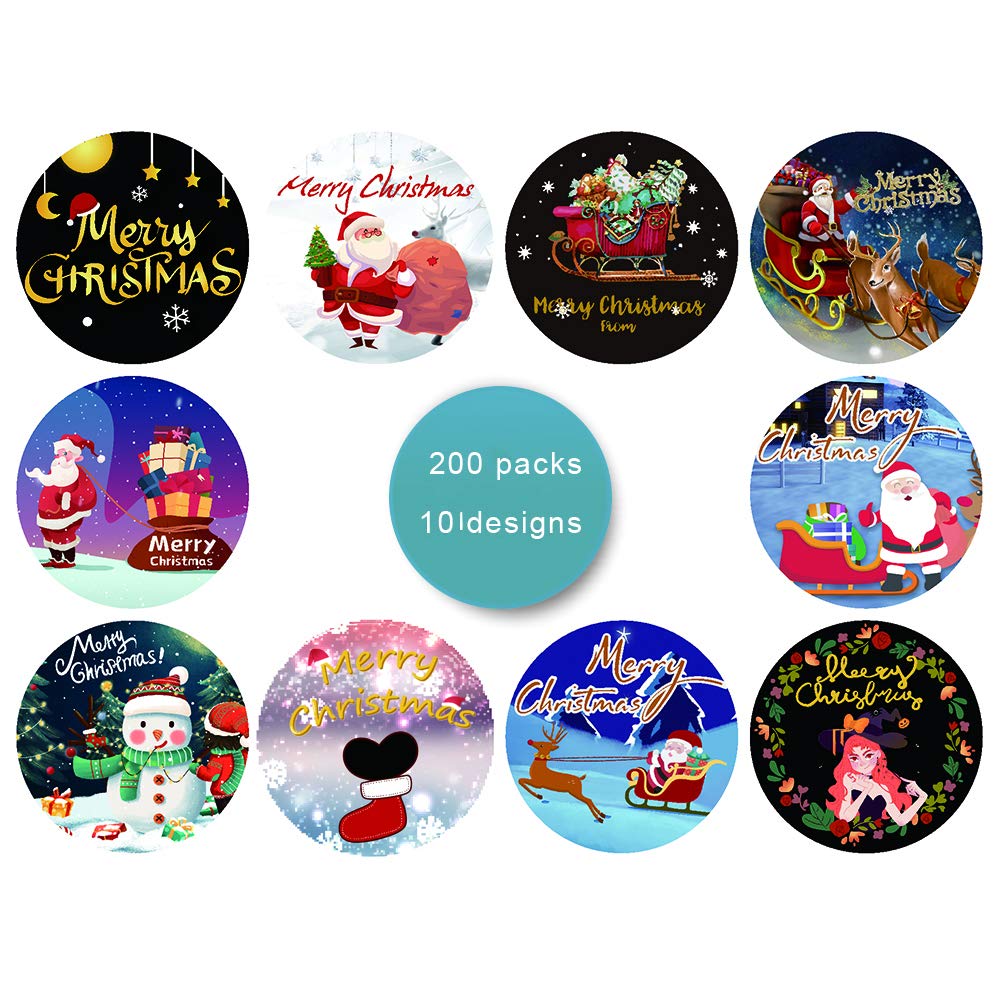10 Designs Merry Christmas, Deer, Snowman, Christmas Tree Stickers Labels Envelope Decorative Seals -200 Packs 1.5inch
