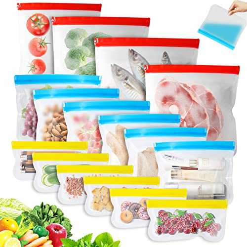 16 Pack Reusable Food Storage Bags BPA FREE,Leakproof Silicone Freezer Bags for Lunch Marinate Food Travel - 4 Gallon 6 Sandwich 6 Snack Bags