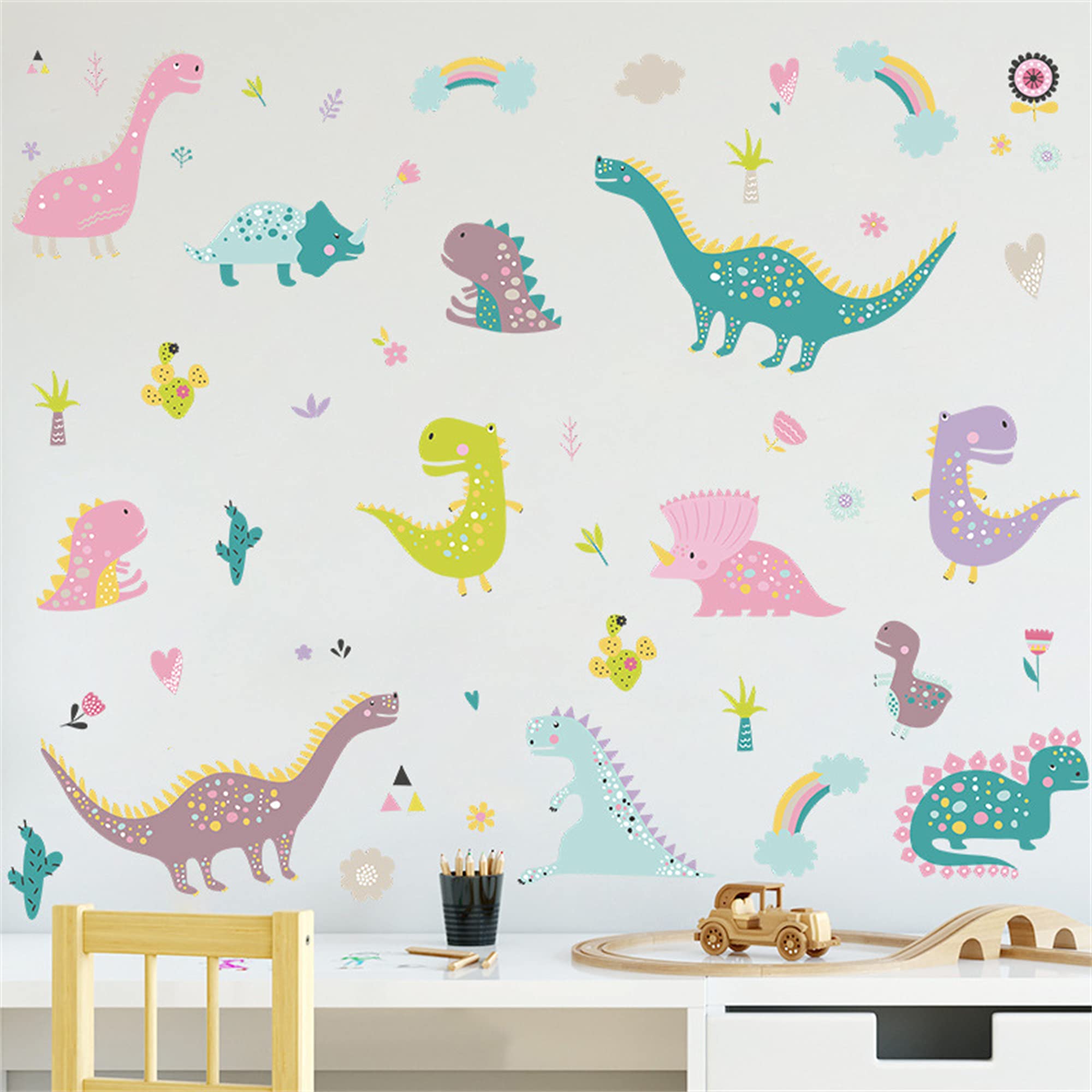 ROFARSO Colorful Cute Cartoon Dinosaur Wall Stickers for Kids Removable Wall Decals DIY Peel and Stick Decorations for Nursery Baby Boys Girls Bedroom Playroom Living Room