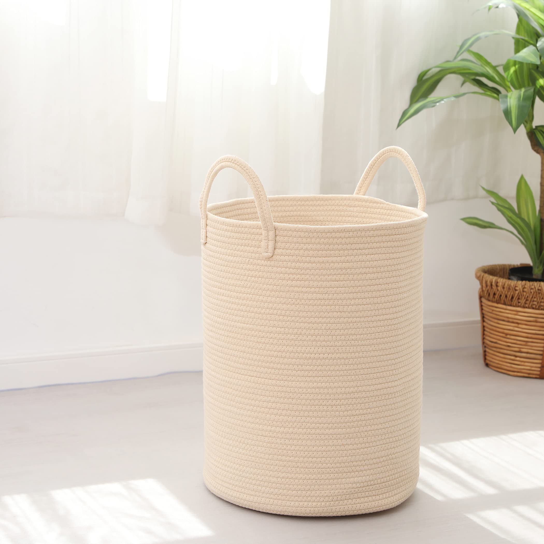 Large Laundry Basket Woven Cotton Rope Laundry Hamper 15" x 19.6" Woven Baby Laundry Basket for Blankets Toys Storage Basket Natural cotton thread clothing sorting basket