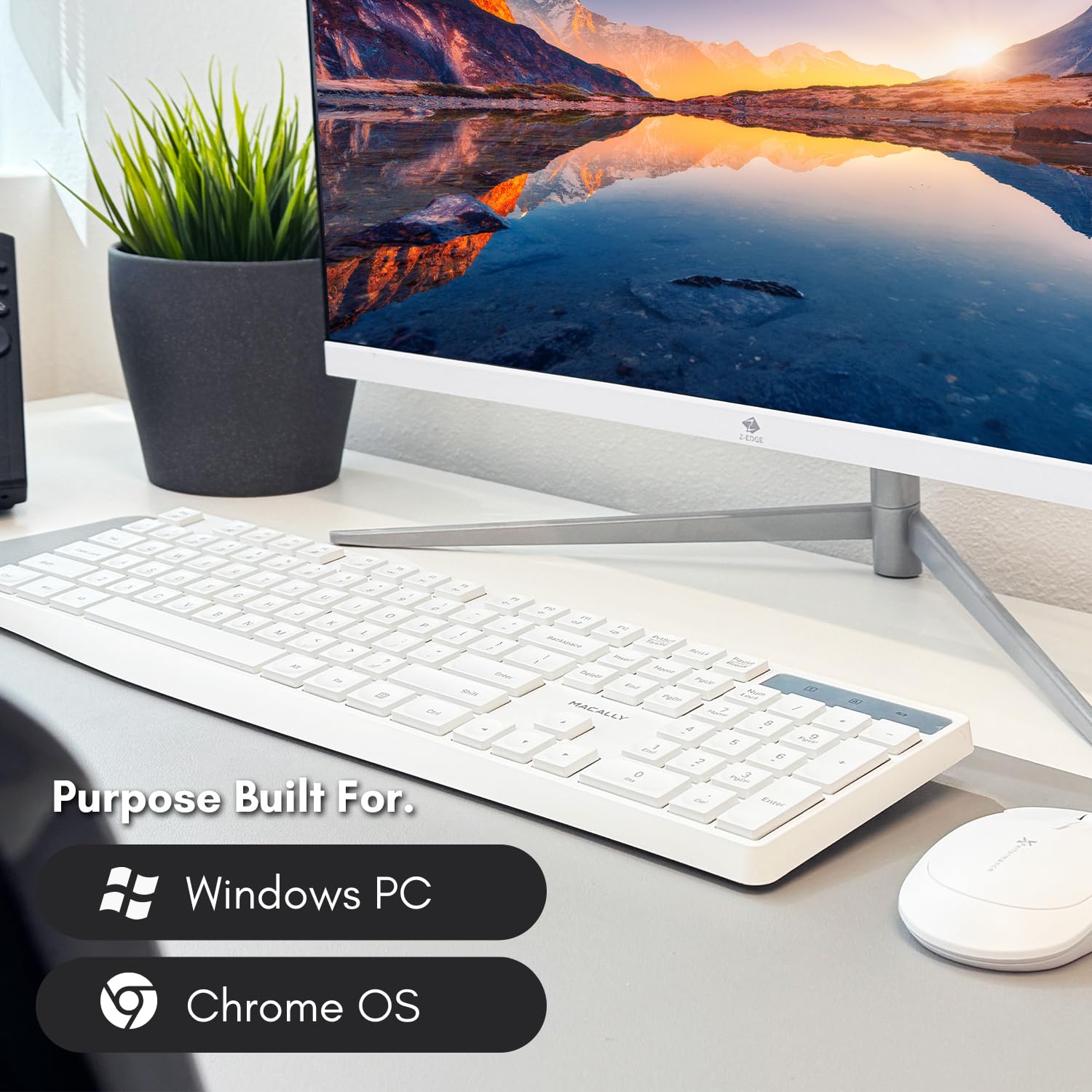 Macally Wireless Keyboard, 2.4G Wireless White Keyboard - Ergonomic Full Size Computer Keyboard with Numeric Keypad for Laptop, Desktop, Surface, Chromebook, Notebook