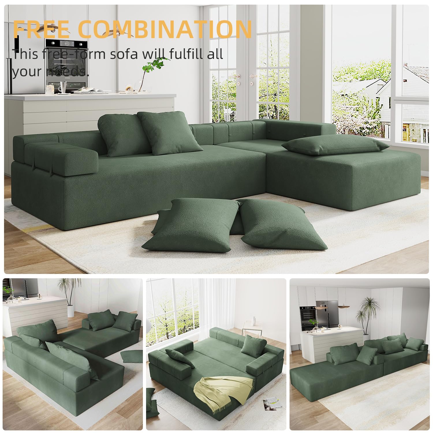 108" L Shaped Modular sectional couches for Living Room, Queen Sleeper Comfy sectional Sofa,futon Couch Set for Apartment, Studio, Office,Bedroom (Grey Left Chaise)
