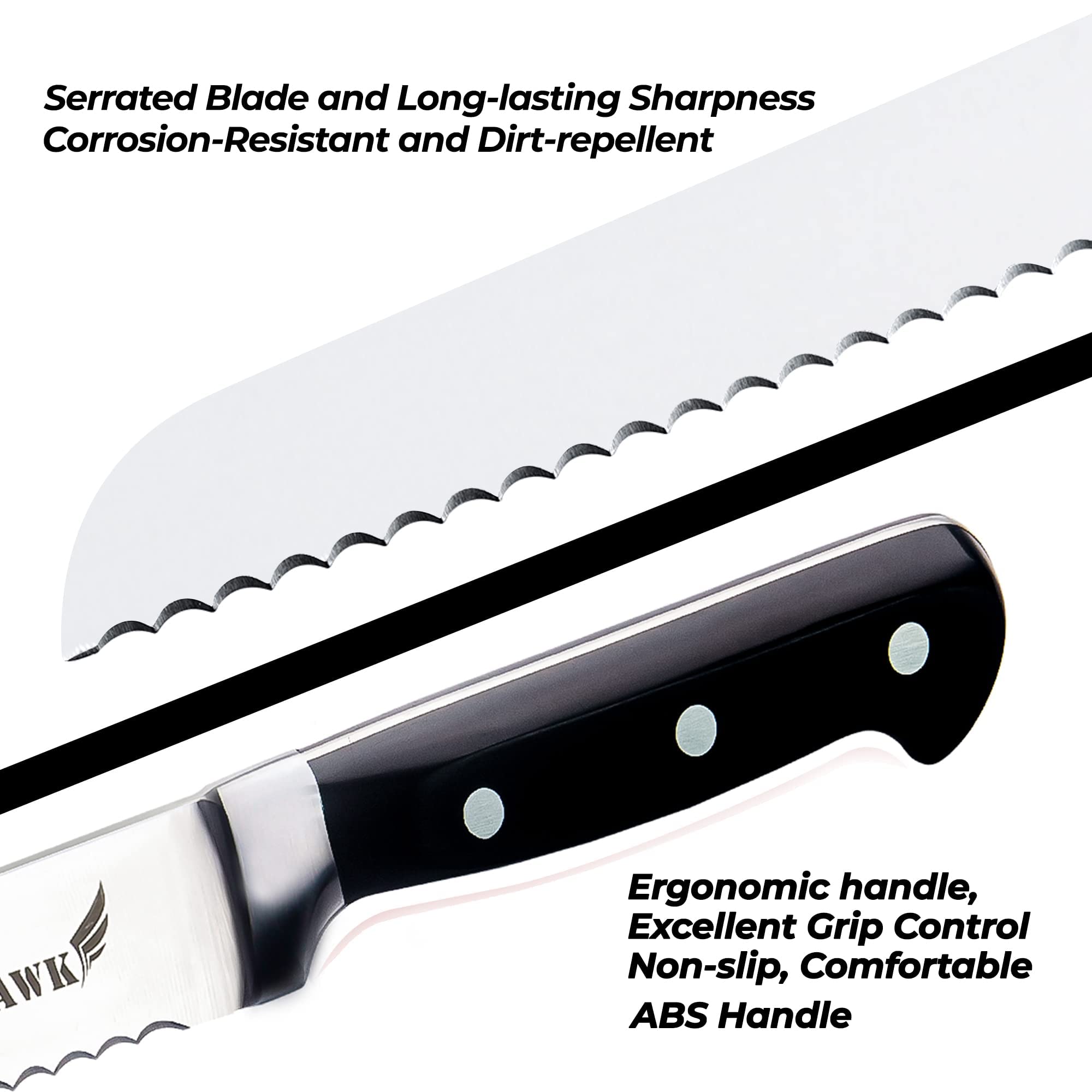 RIMHAWK Bread Knife 10inch Serrated Bread Knife for Homemade Bread, Ultra-Sharp Stainless Steel Serrated Bread Knives and 5inch Ergonomic Handle