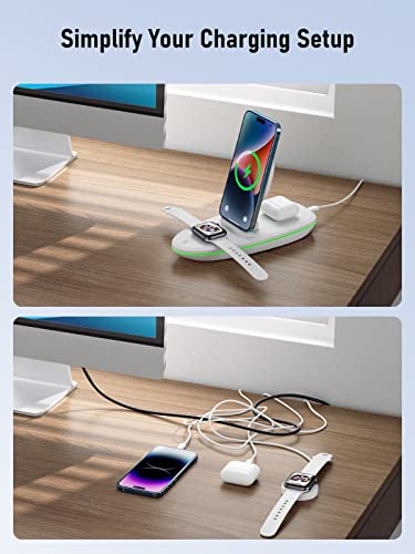 3-in-1 Magnetic Wireless Charging Station for Apple Devices - MagSafe Charger Stand for iPhone 14/13/12/11/SE/X/8, iWatch 8/7/6/SE/5/4/3/2, & AirPods 2/3/Pro - Compact, Durable & Efficient