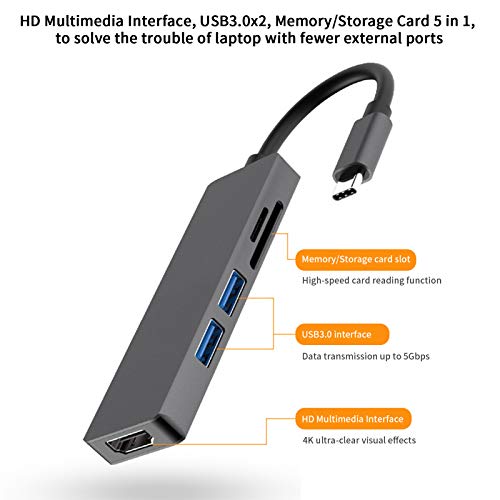5 in 1 TypeC to Multi Interface Hub,TypeC 5.0GBS Docking Station TypeC to HD Multimedia Interface/Storage Card/USB Adapter with 4K Connection