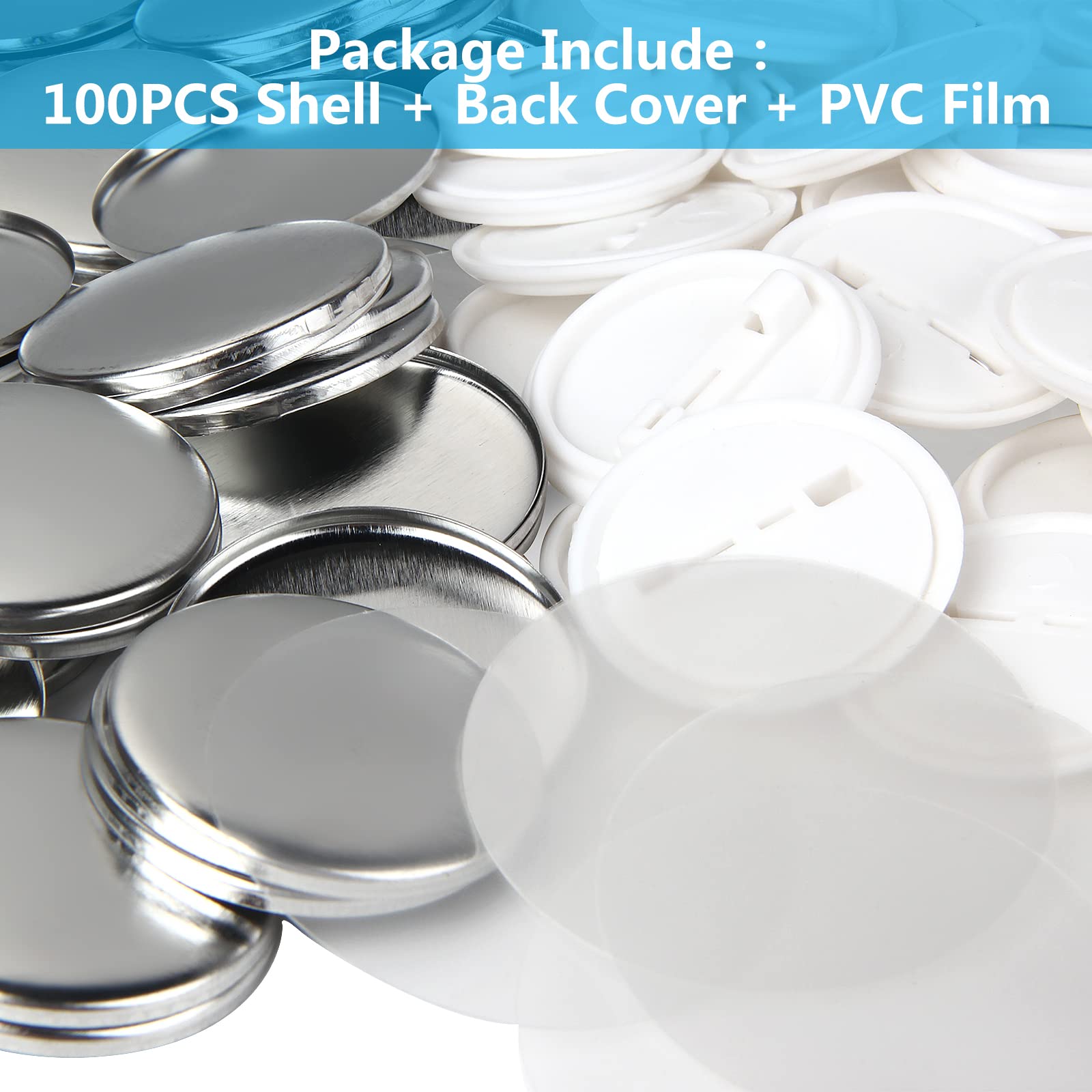 100 Pieces Blank Button Badge Parts for Button Maker Machine, Metal Shells, Plastic Back Cover and Clear Mylar Components, DIY Crafts Arts Supplies for Presents, Souvenirs (58mm)