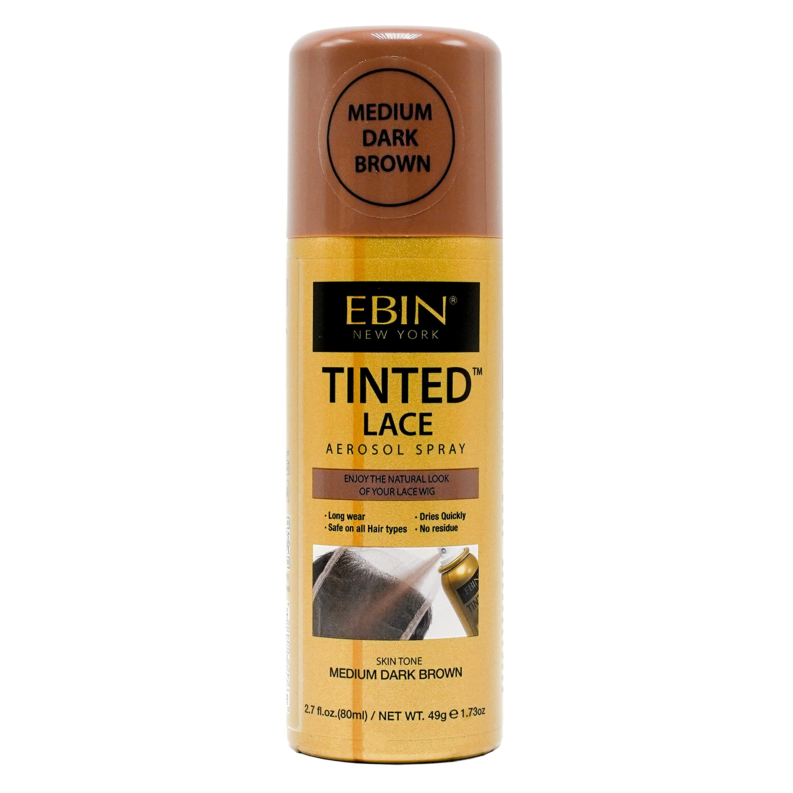 EBIN NEW YORK Tinted Lace Spray - Medium Dark Brown 2.7oz/ 80ml, Quick dry, Water Resistant, No Residue, High pigmentation, Even Spray, Matching Skin Tone, Natural Look, Tinted Spray for Wig