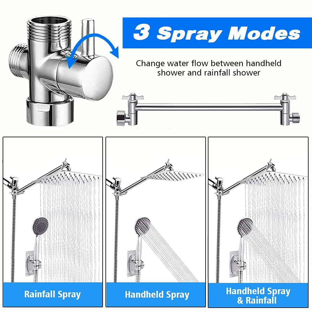 10" Rain Shower Head with Handheld Spray Combo High Pressure Rainfall Showerheads with 11" Extension Arm, Shower Filter for Hard Water & Chlorine + Hose & 4 Hooks, Square Dual Waterfall Shower Head