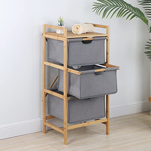 3-Tier Organizer Storage Shelf with Bamboo Frame and Pull Out Fabric Baskets Storage Drawers Unit,Laundry Towel Hamper Cabinet Tower Three Part Compartment Sorter Basket (3-Tier,Style 1)