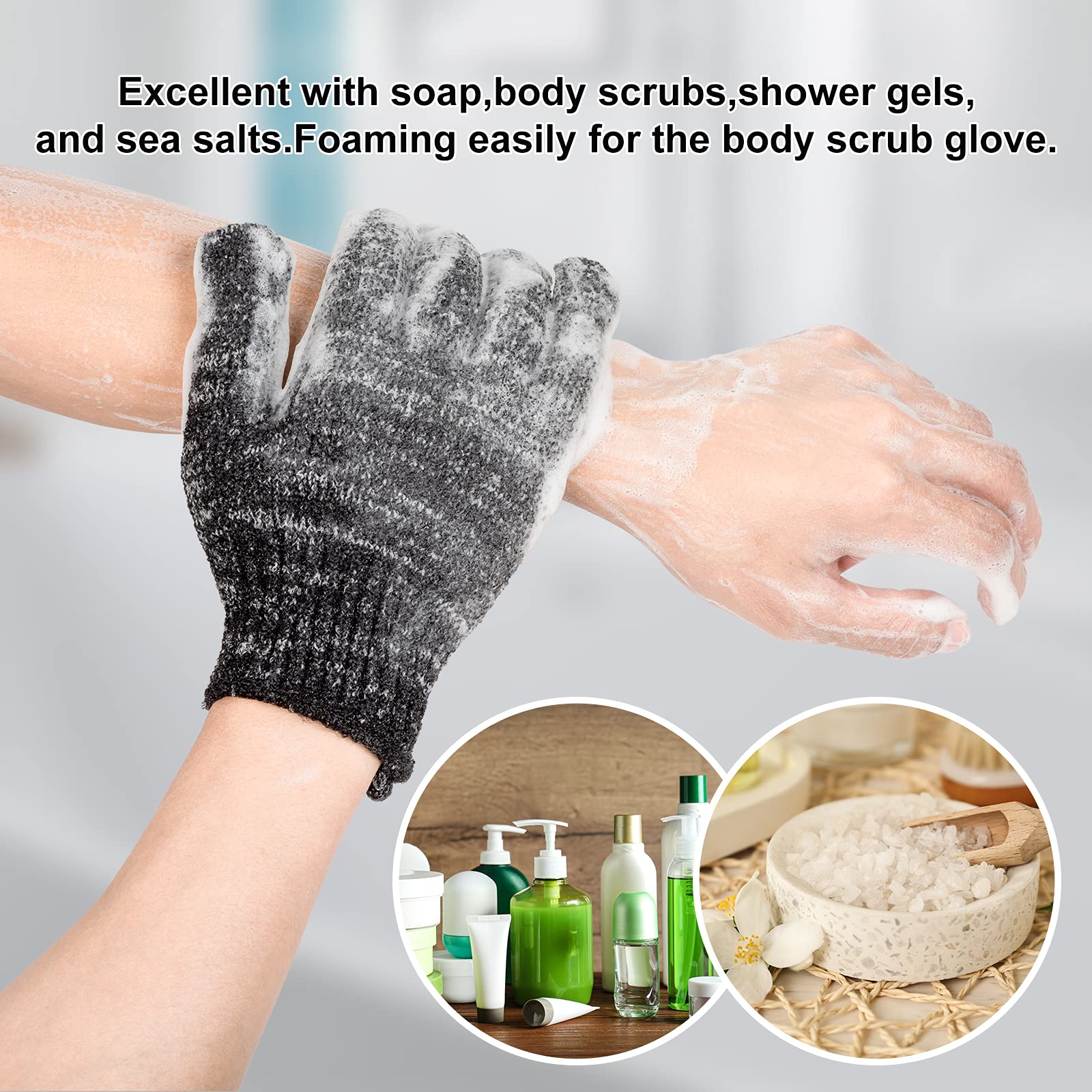 Exfoliating Bath Gloves for Shower - Bamboo Charcoal Bath Gloves for Shower, Spa, Massage, Body Scrubs, Remove Dead Skin, Deep Cleaning