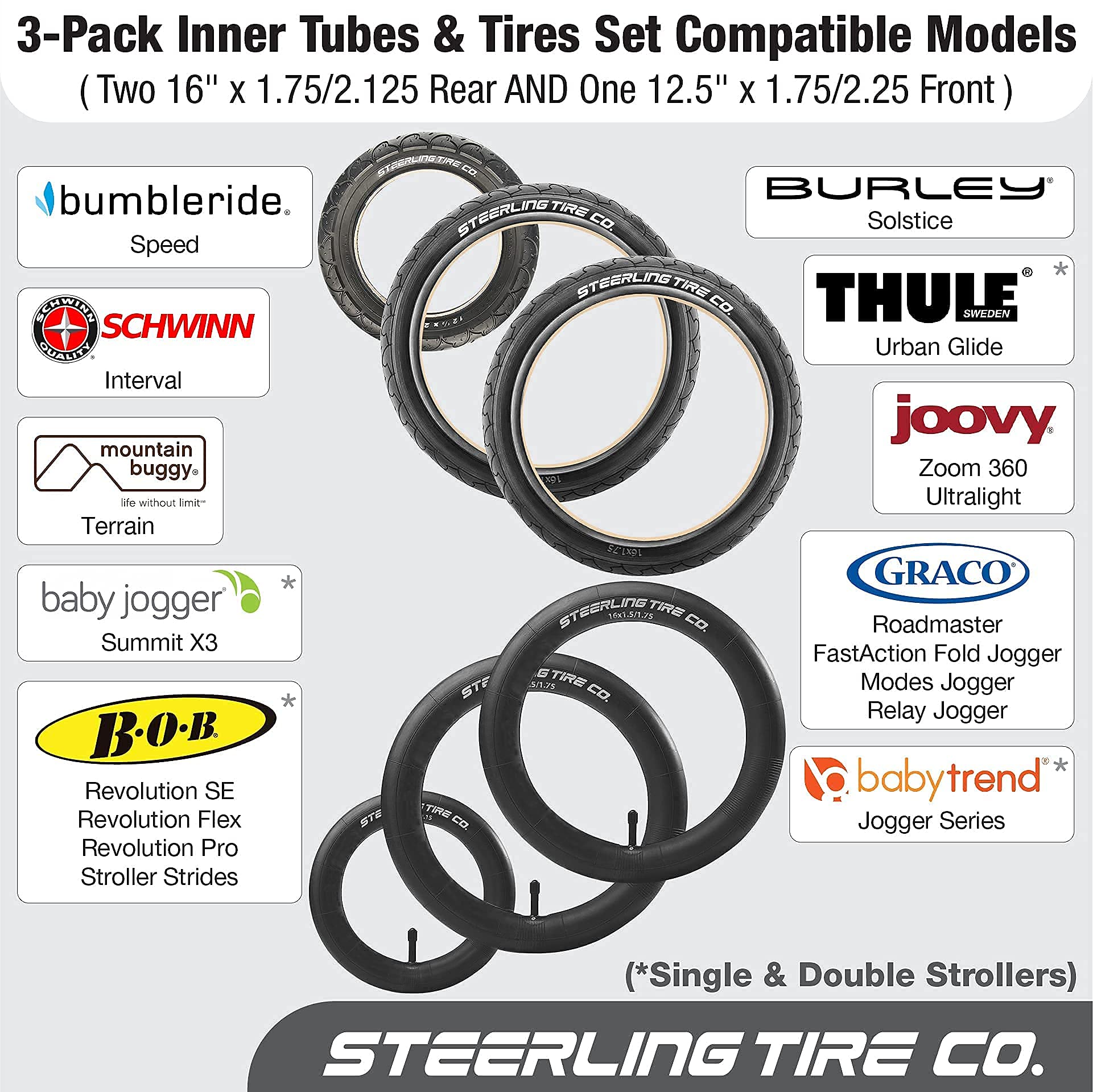 Baby Jogging Stroller Tire and Inner Tube Replacement Set - Two 16" x 1.75 Rear & One 12.5" x 2.25 Front TUBES and TIRES - Great for BOB Revolution, Alterrain & Stroller Strides! by Steerling Tire Co.