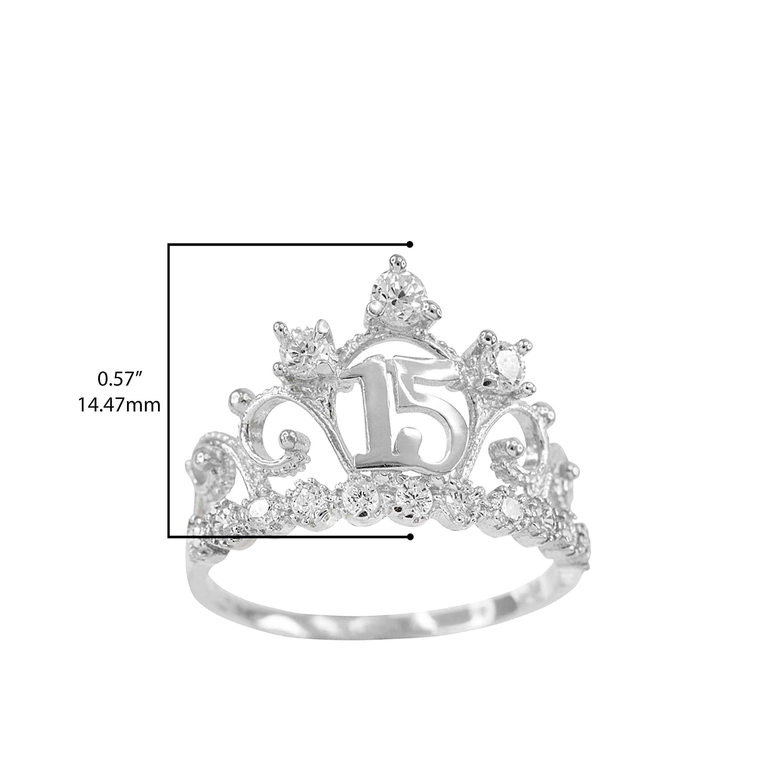 10K White Gold White Cubic Zirconia Studded Tiara Crown Sweet 15 Años Milgrain Quinceanera Statement Ring - Size 9-1/4