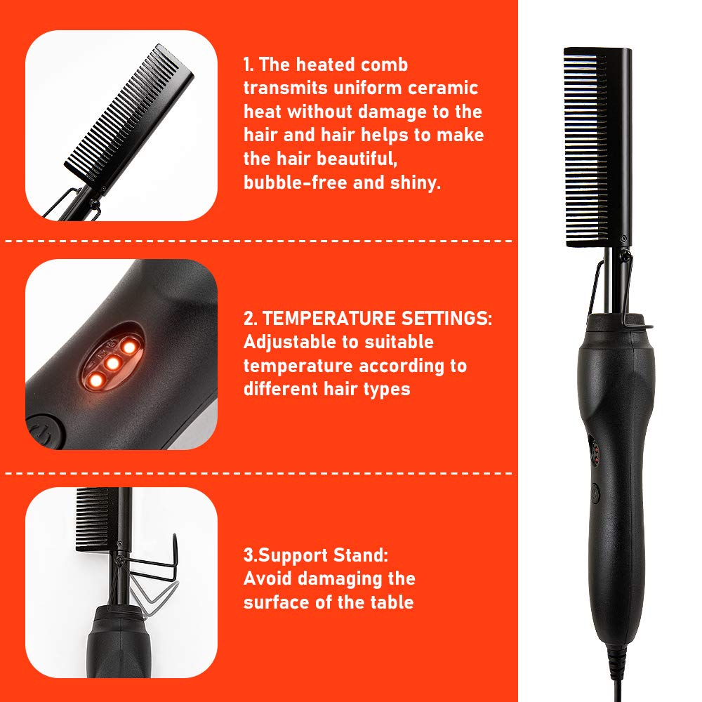 AIHOPESTO Electric Hot Comb Hair Straightener for African American Hair, 3 Temperature Settings, Metal Surface, Lightweight & Compact, 5 Piece Set