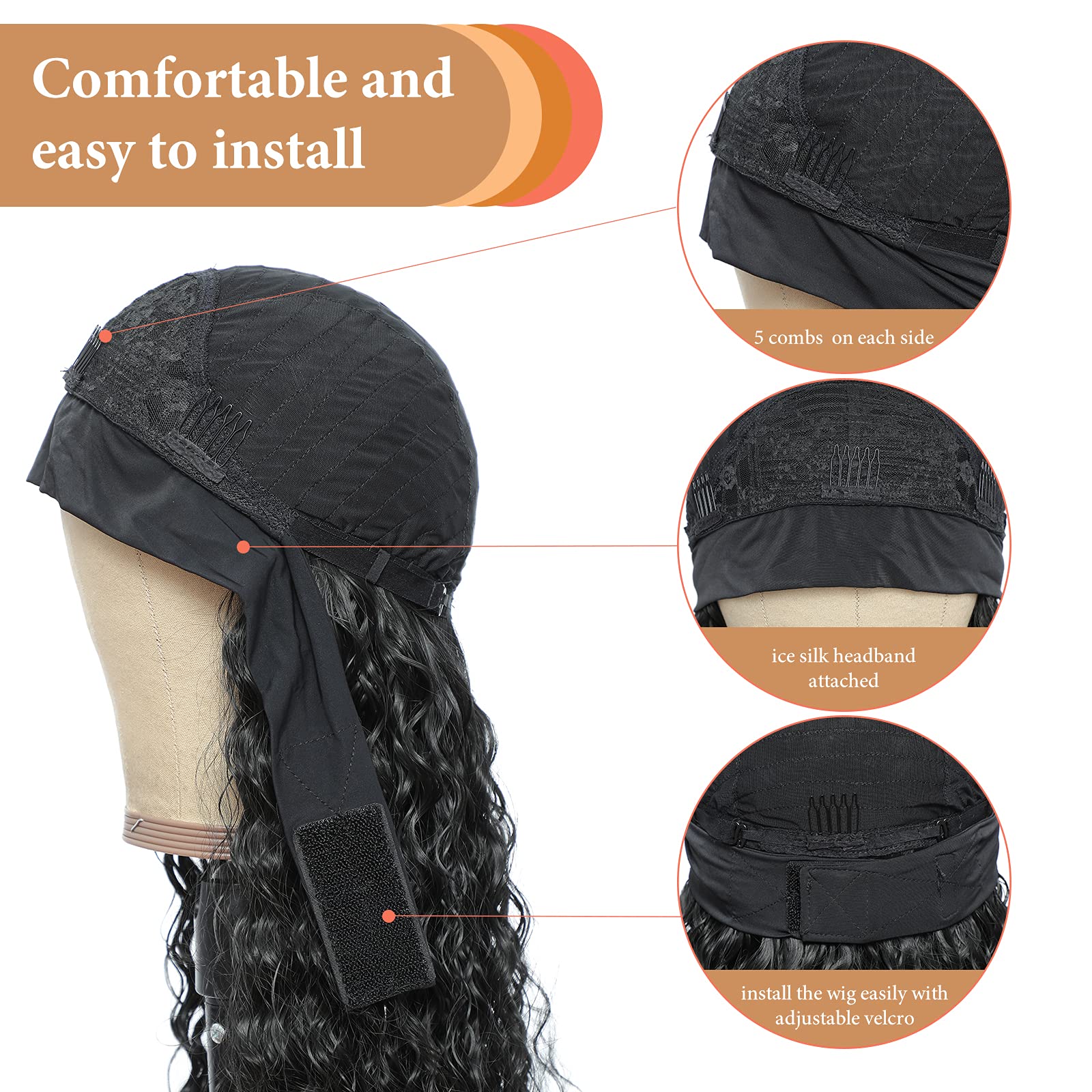 Alicoco Headband Wig Curly Headband Wigs for Women 180% Density Water Wave Glueless Wig Synthetic half Wig with Headbands Attached (26 Inch, 1B)