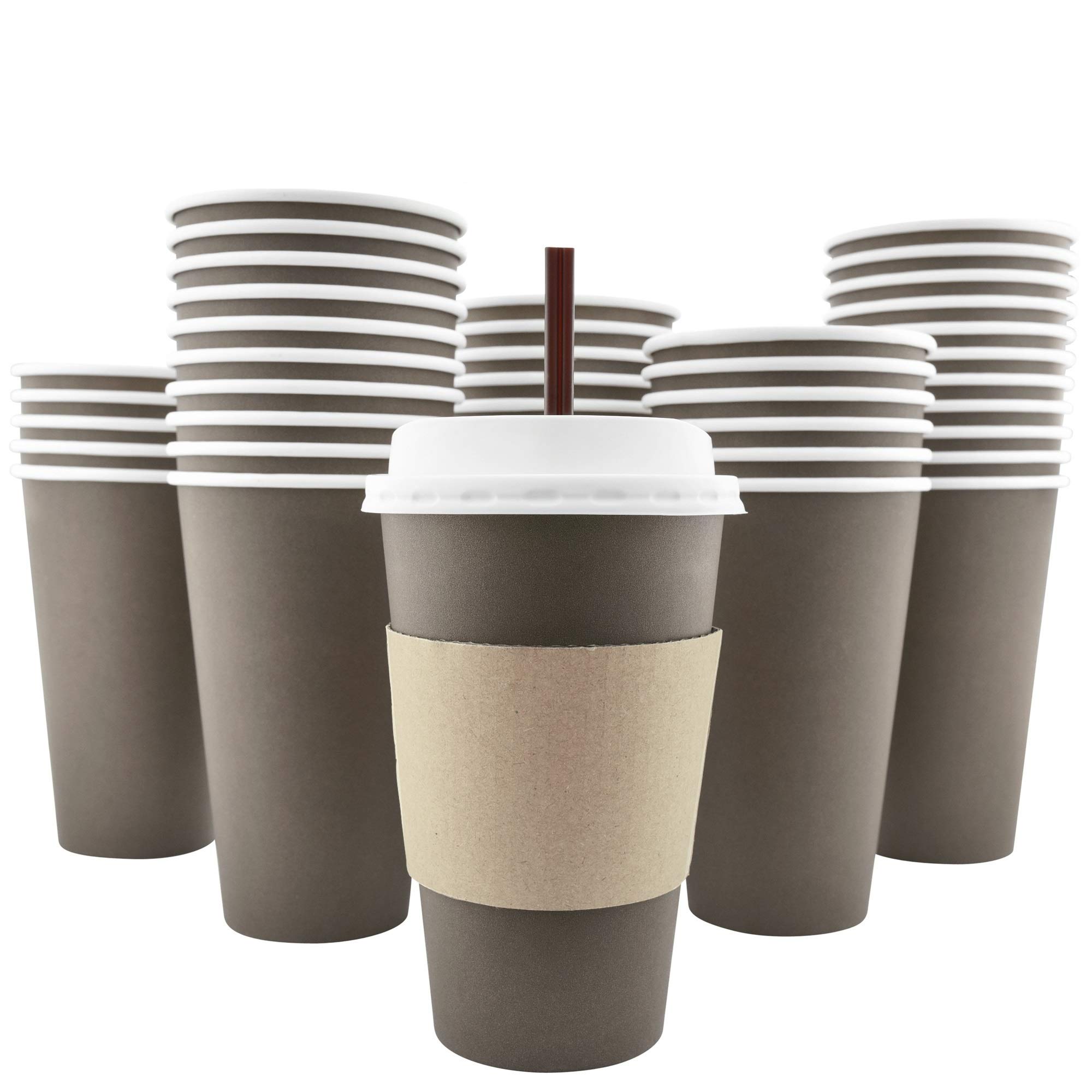 100 Pack - 16 Oz [8, 12, 20] [4 Colors] Disposable Hot Paper Coffee Cups, Lids, Sleeves, Stirring Straws - Mocha Brown