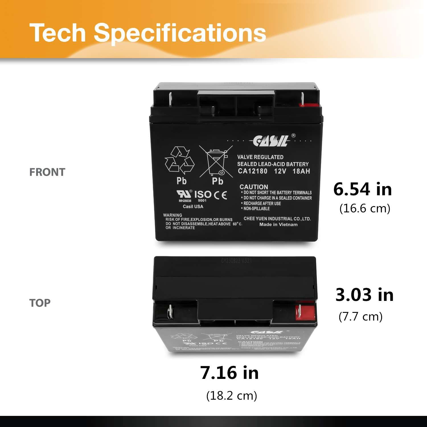 Casil 12V 18Ah Rechargeable SLA AGM Battery, Nut and Bolt (NB) Terminal, Replace EXP12180 ML18-12 UB12180 FM12180 TL1218 6fm18