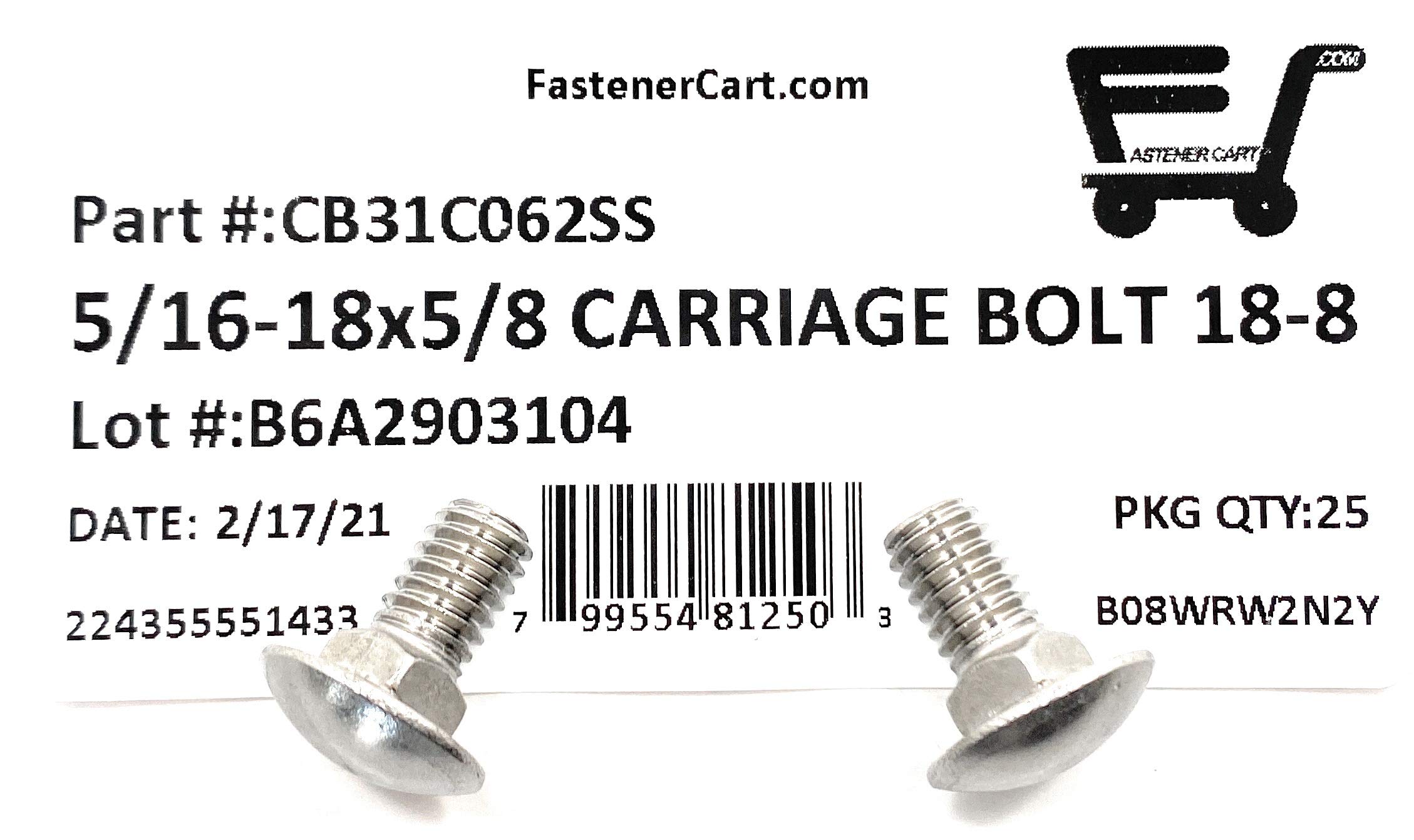 5/16-18x5/8 Carriage Bolts Stainless Steel 18-8 (25 Pieces)