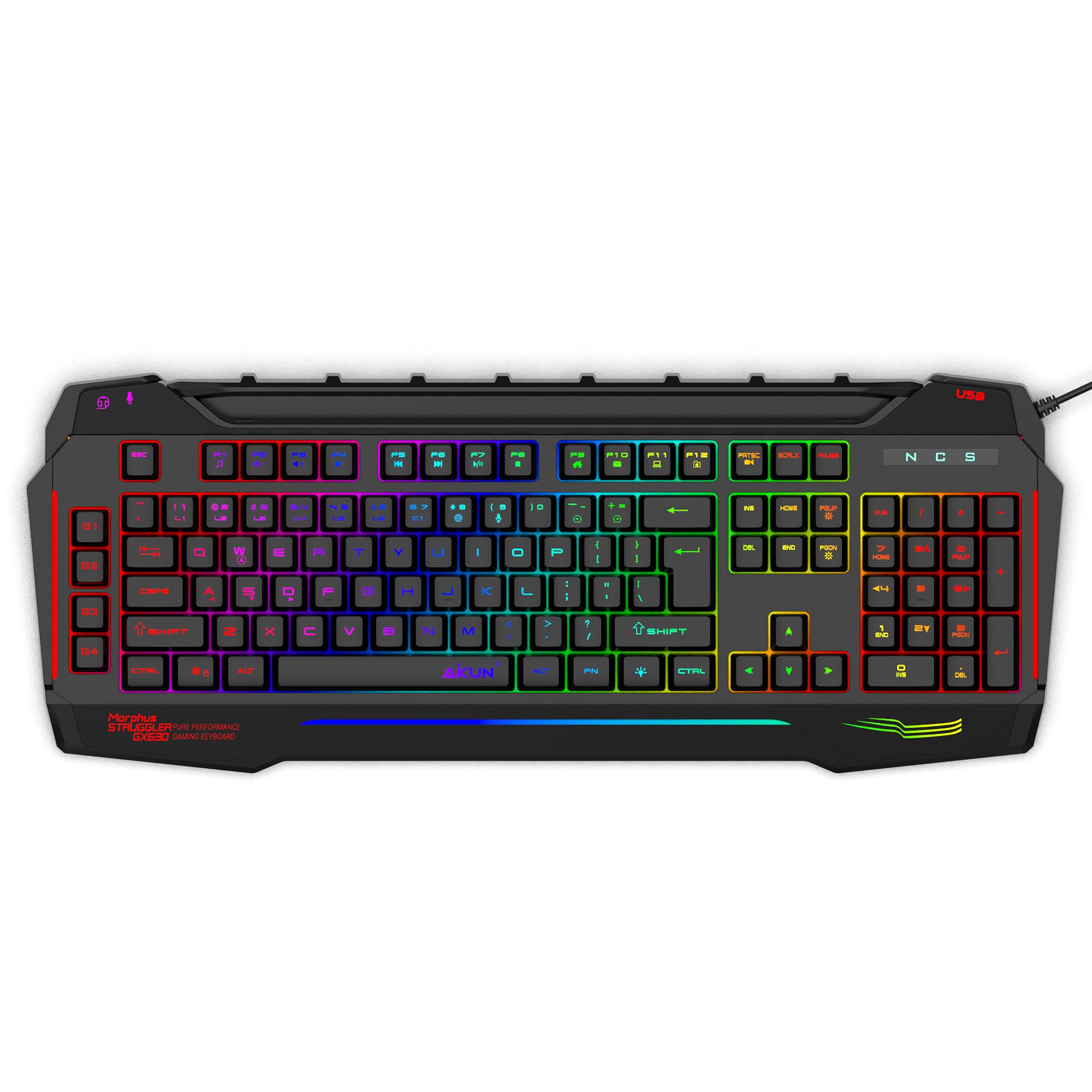 AIKUN Full Size Membrane Gaming Keyboard With 4 Macro Gaming keys,Voice Sensitive Rainbow Backlit,26 Anti-Ghosting Keys,Audio and USB Passthrough,Spill Resistant, Mobile Device Slot,Multimedia Control