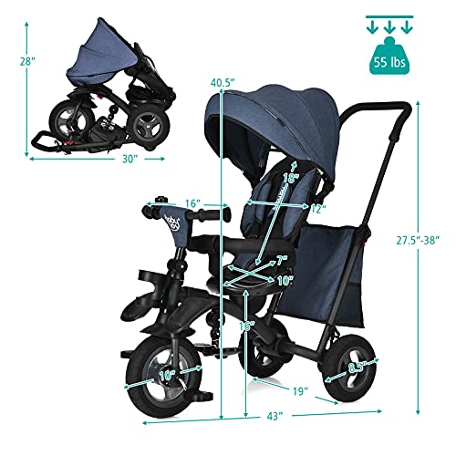 BABY JOY Toddler Tricycle, 7 in 1 Folding Steer Trike w/Rotatable Seat, Adjustable Canopy, Push Handle, Guardrail, Safety Harness, Brakes, Cup Holder & Storage, Tricycle for Toddlers Ages 1.5-5 (Blue)