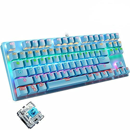Mechanical Keyboard,Wired Rainbow LED Backlit 87 Key Waterproof Gaming Keyboard,USB Cable with Magnetic Ring PC PS4(Blue)