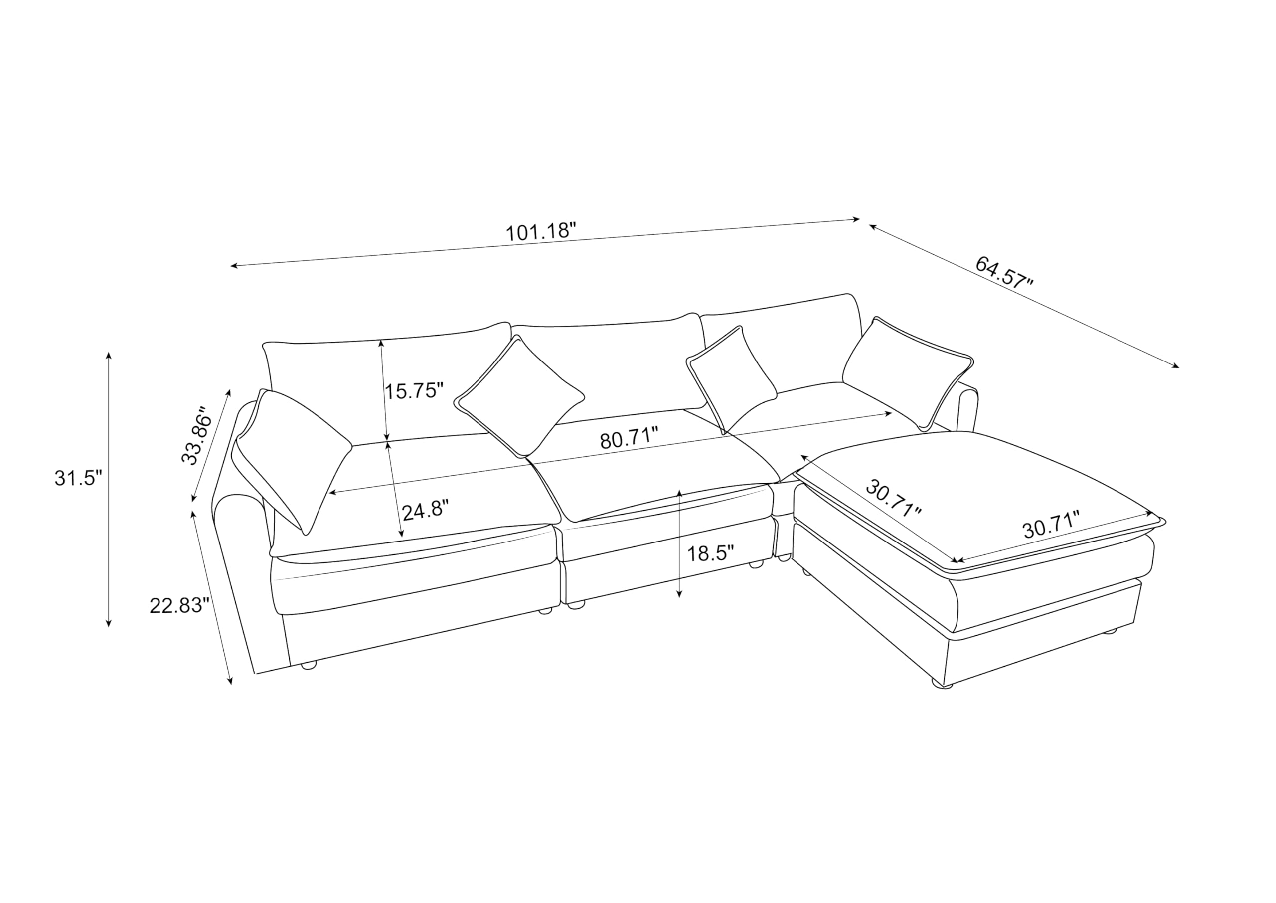 100" Modular Sectional Sofa L-Shaped, Modern Modular Sectional Cloud Couch 3-Seater Sofa with Movable Ottoman, Chenille Upholstered Cloud Couches for Living Room (Beige)