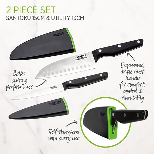 Wiltshire Staysharp Triple Rivet Duo Set Santoku & Utility Knife 2pc, Knives Built-In Sharpener,Sharp At All Times, Lifetime Performance, Slim Scabbard, Ergonomic Triple Rivet Handle, 10Year Guarantee