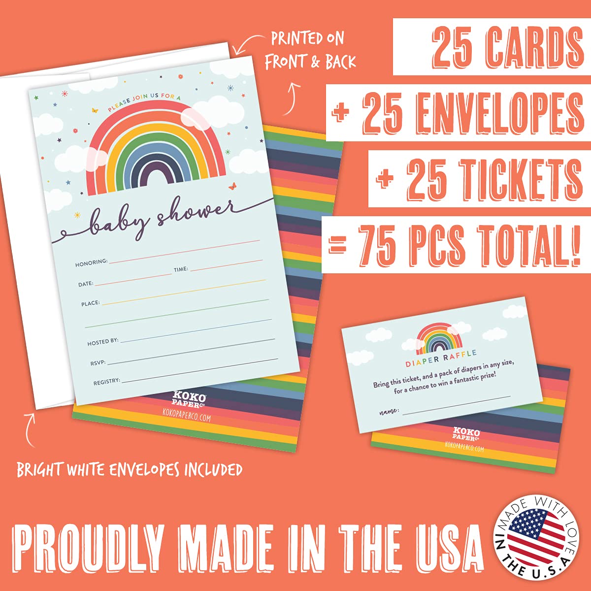 Koko Paper Co Rainbow Baby Shower Invitations and Diaper Raffle Tickets | 25 Fill-in Invitations, 25 Bright White Envelopes and 25 Diaper Raffle Tickets | 75 pcs Total | Printed on Heavy Card Stock.