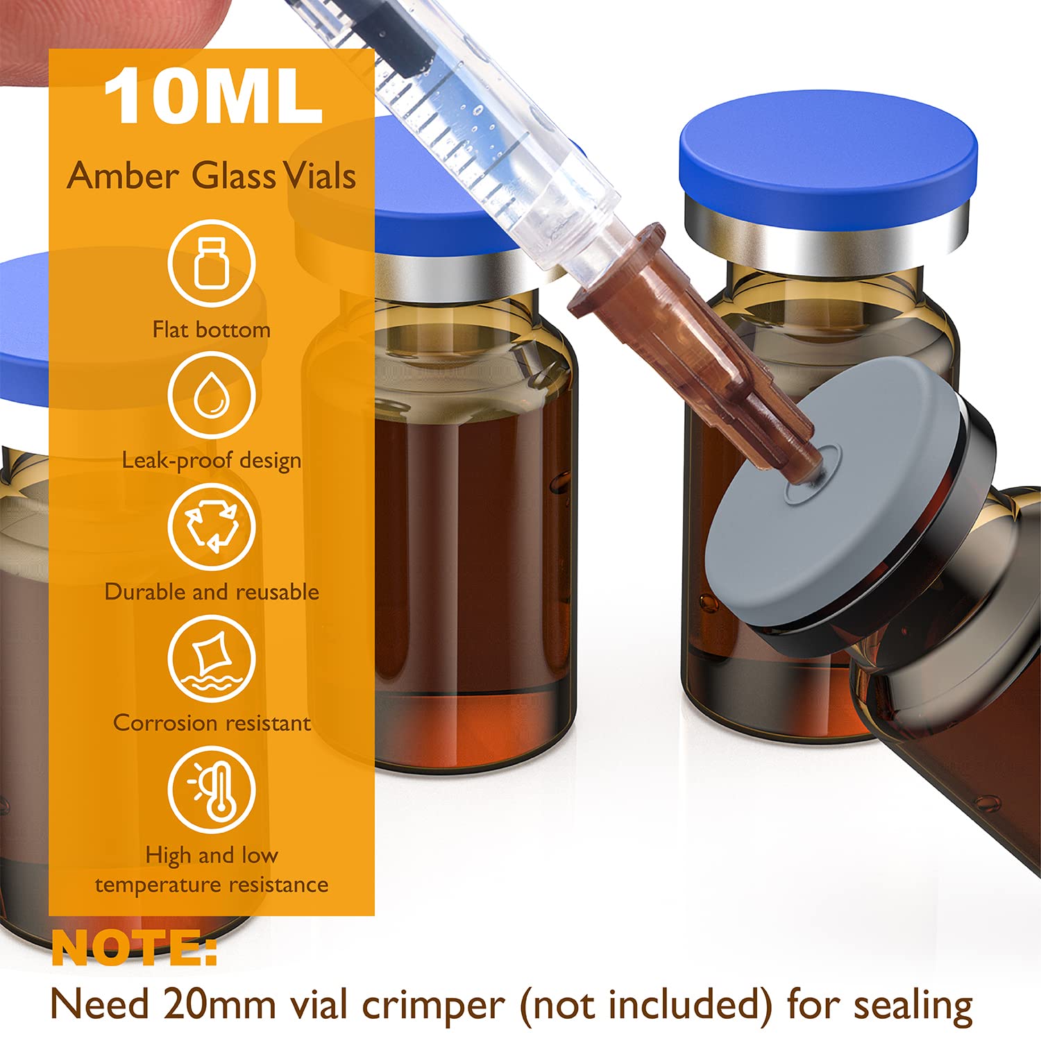 100 Pack 10ml Glass Vials, Clear Glass Headspace Vials with Plastic-Aluminum Flip Off Caps and Rubber Stoppers, 20mm Transparent Flat Bottom Lab Crimp Top Vial for Injection