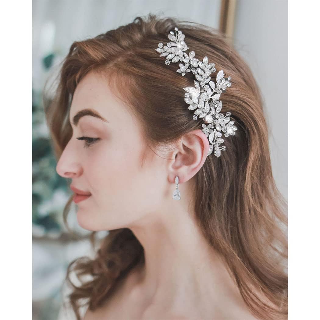 Evild Rhinestone Wedding Hair Comb Leaf Bead Headpieces Clip Crystal Bridal Headdress Flower Accessories for Brides and Bridesmaids (Silver)