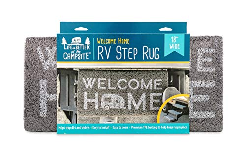 Camco 53196 Life is Better at The Campsite RV Wrap Around Step Rug, Fits 18-inch Wide Steps - for Manual and Electric RV Steps - Features a Gray Mat with a White Welcome Home Retro RV Print