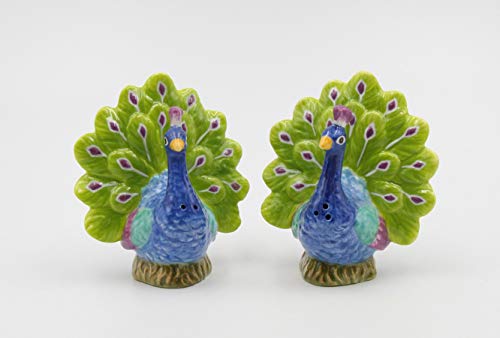 Fine Porcelain Peacock Open Fan Tail Salt & Pepper Shakers Set, 3-1/8" H
