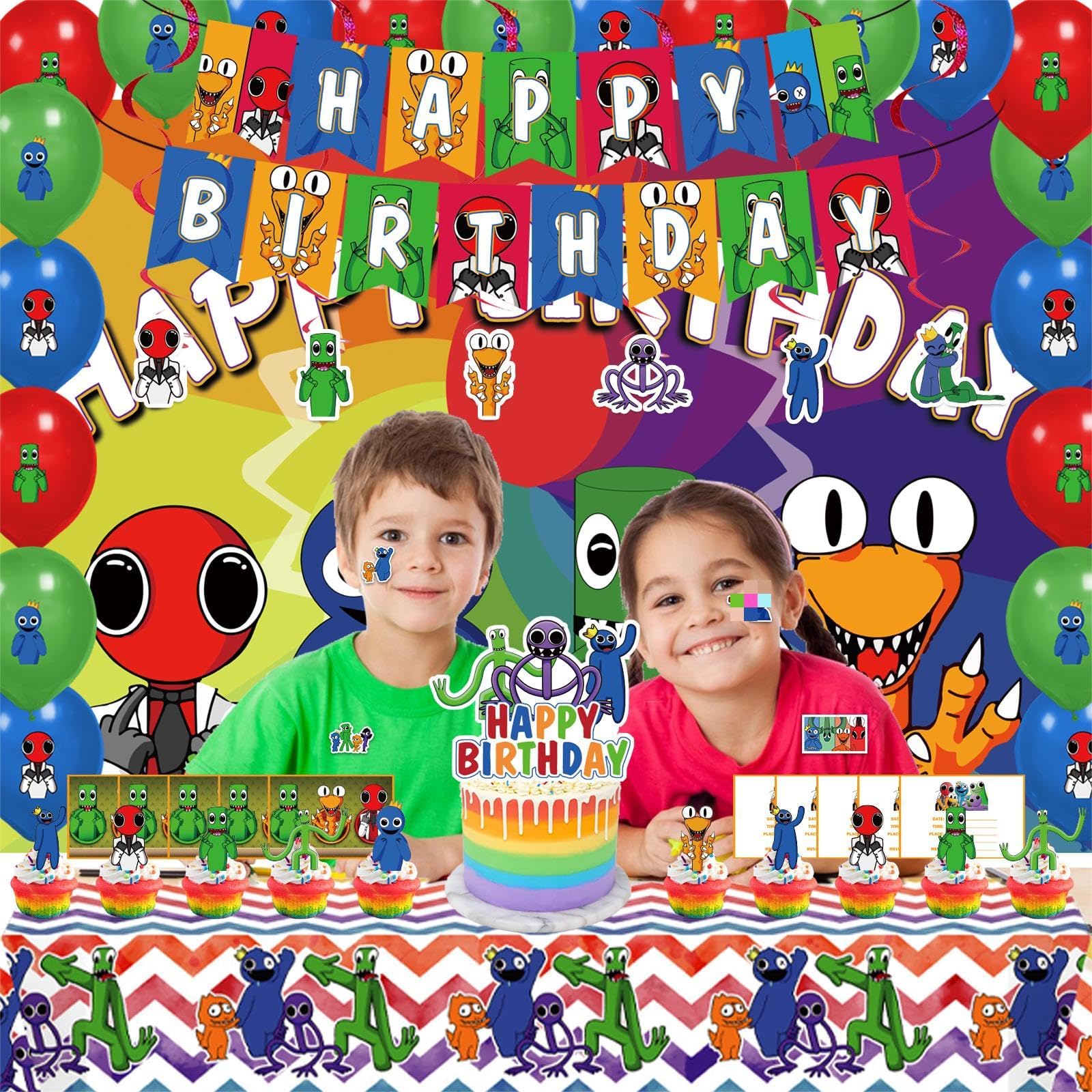 118PCS Rainbow Birthday Decorations,Rainbow Party Supplies Include Banner, Tablecloth, Cake Topper, Cupcake Toppers,Backdrop, Hanging Swirls,Invitation Cards and Stickers