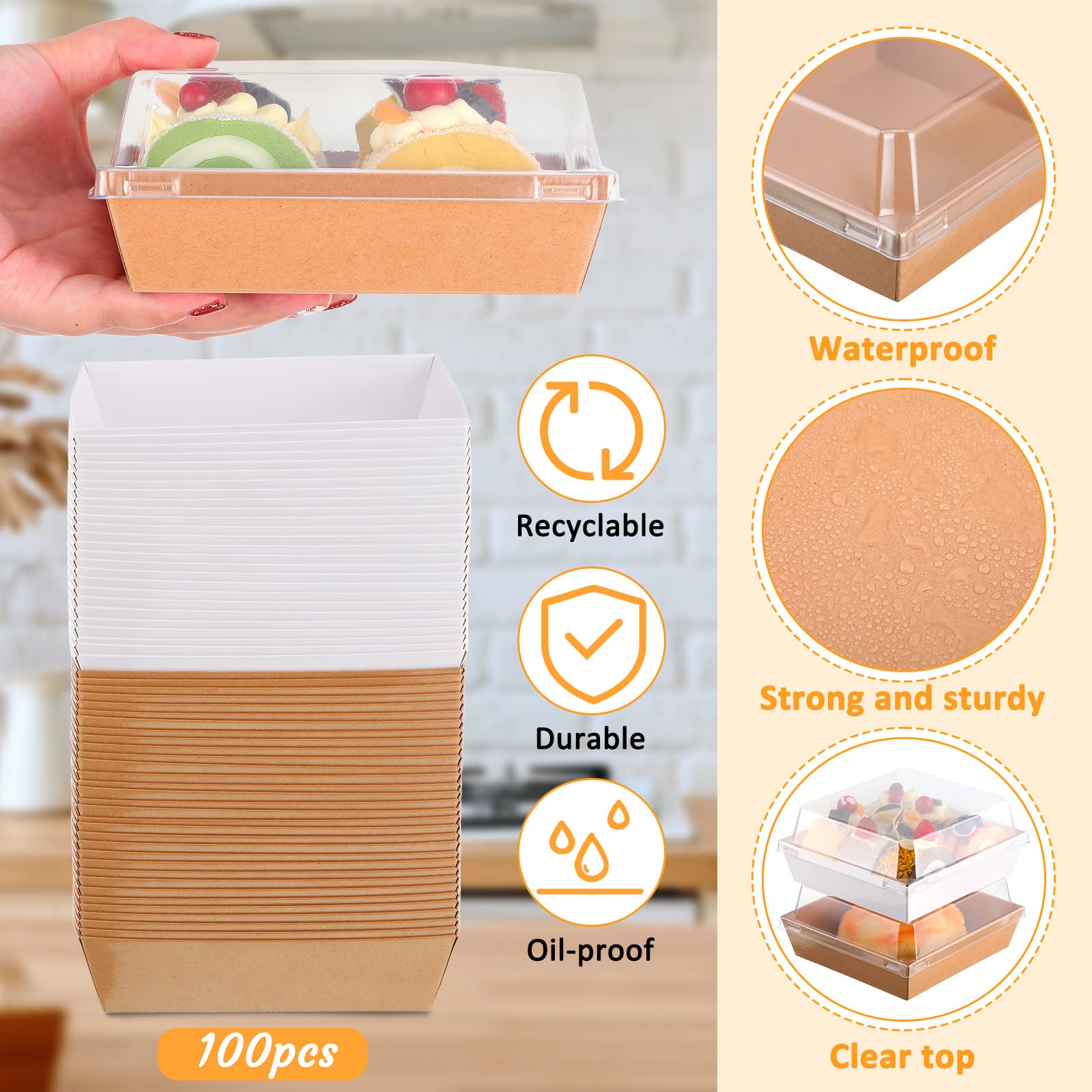 100 Pcs Disposable Food Containers with Clear Secure Lids 5.4 Inch Paper Charcuterie Box Square Cake Boxes Dessert Boxes Cake Slice Container for Sandwich, Cookies, Strawberries, Brown and White