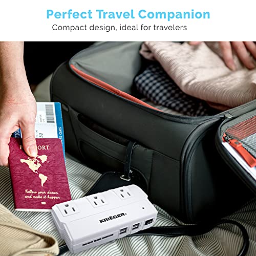 K KRIËGER Universal Travel Adapter, Step Down Transformer 200 Watt Capacity, International Power Adaptor w/ 4 USB Ports 6A Total Charging, 3 AC Outlets for USA EU UK AUS Worldwide Plug Adapter
