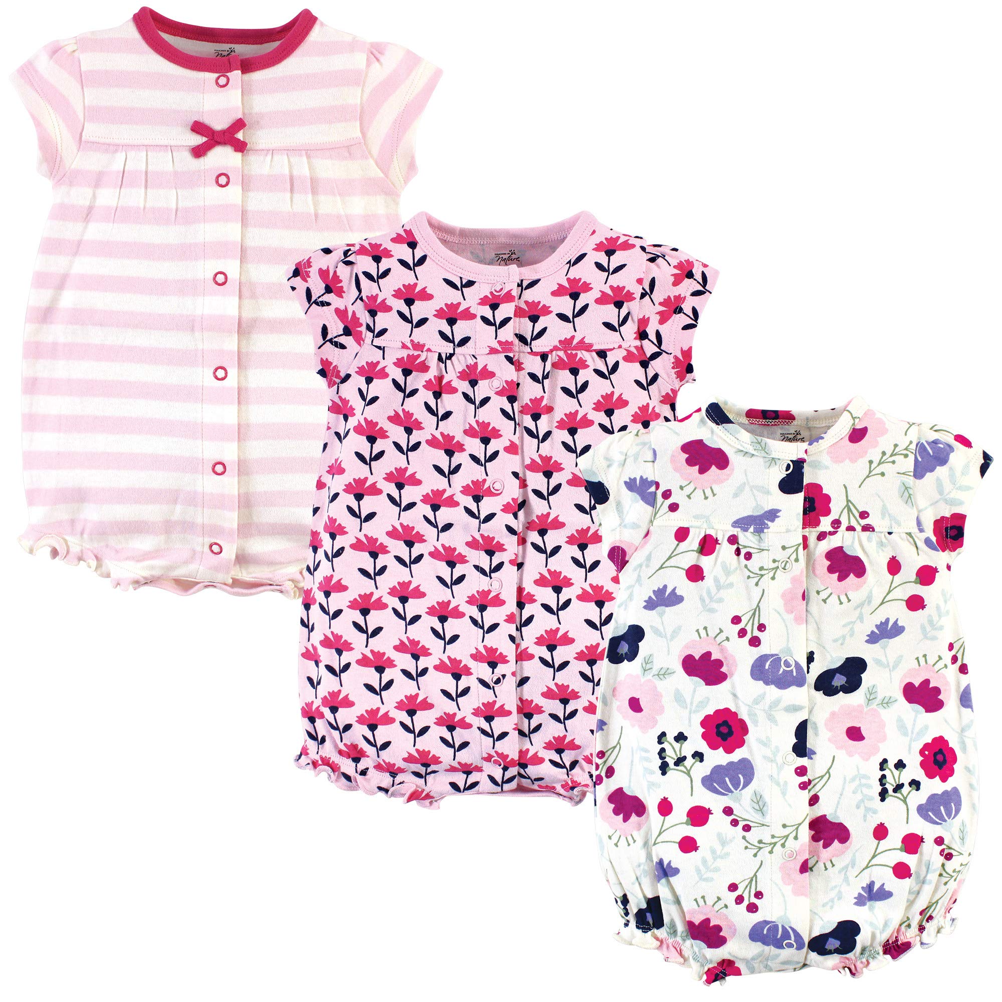 Touched by Nature Unisex Baby Organic Cotton Rompers, Pink Botanical, 12-18 Months