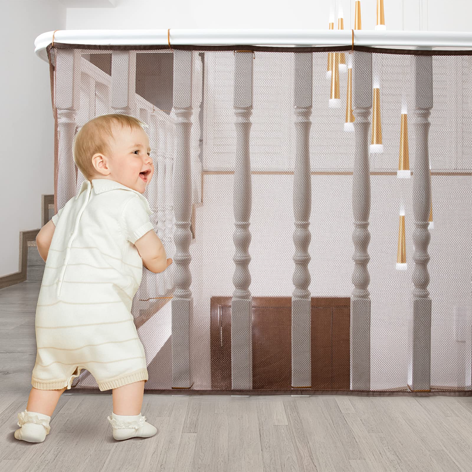 Banister Guard for Baby 10x3ft, Rail Mesh Netting for Stair, Balcony, Child Safety Net Safe Railing Barrier for Kids, Pets, Toys (10x3ft, Brown)
