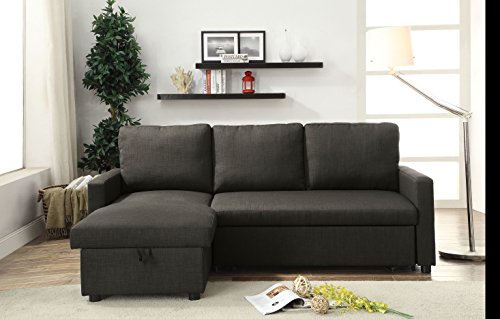 ACME FURNITURE Hiltons Charcoal Linen Sectional Sofa with Sleeper and Storage