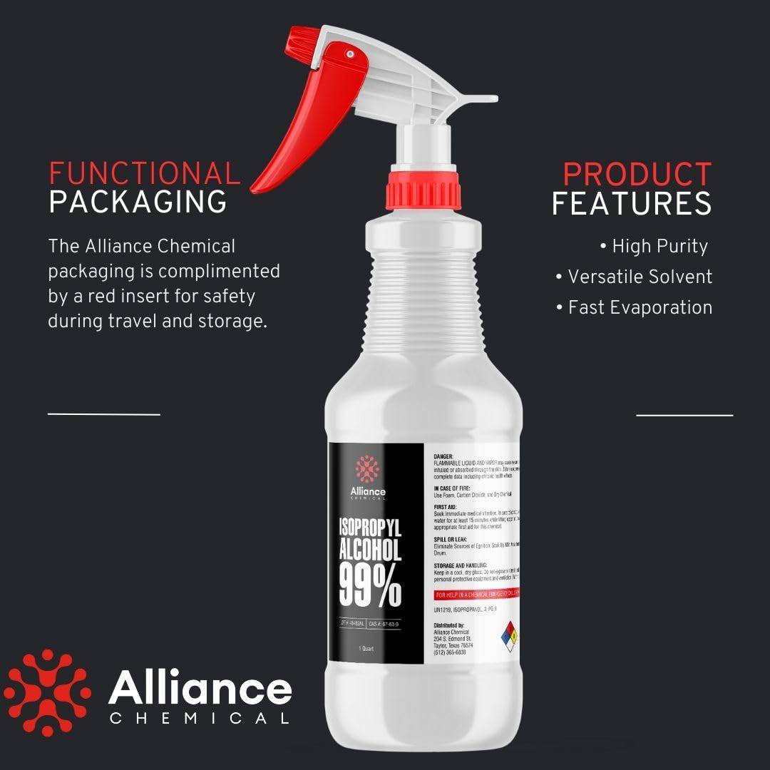Isopropyl Alcohol 99% - 4 x 1 Quart Spray Bottles - High-Purity Concentrated Rubbing Alcohol for Effective Cleaning - Quick-Drying, Domestically Sourced IPA