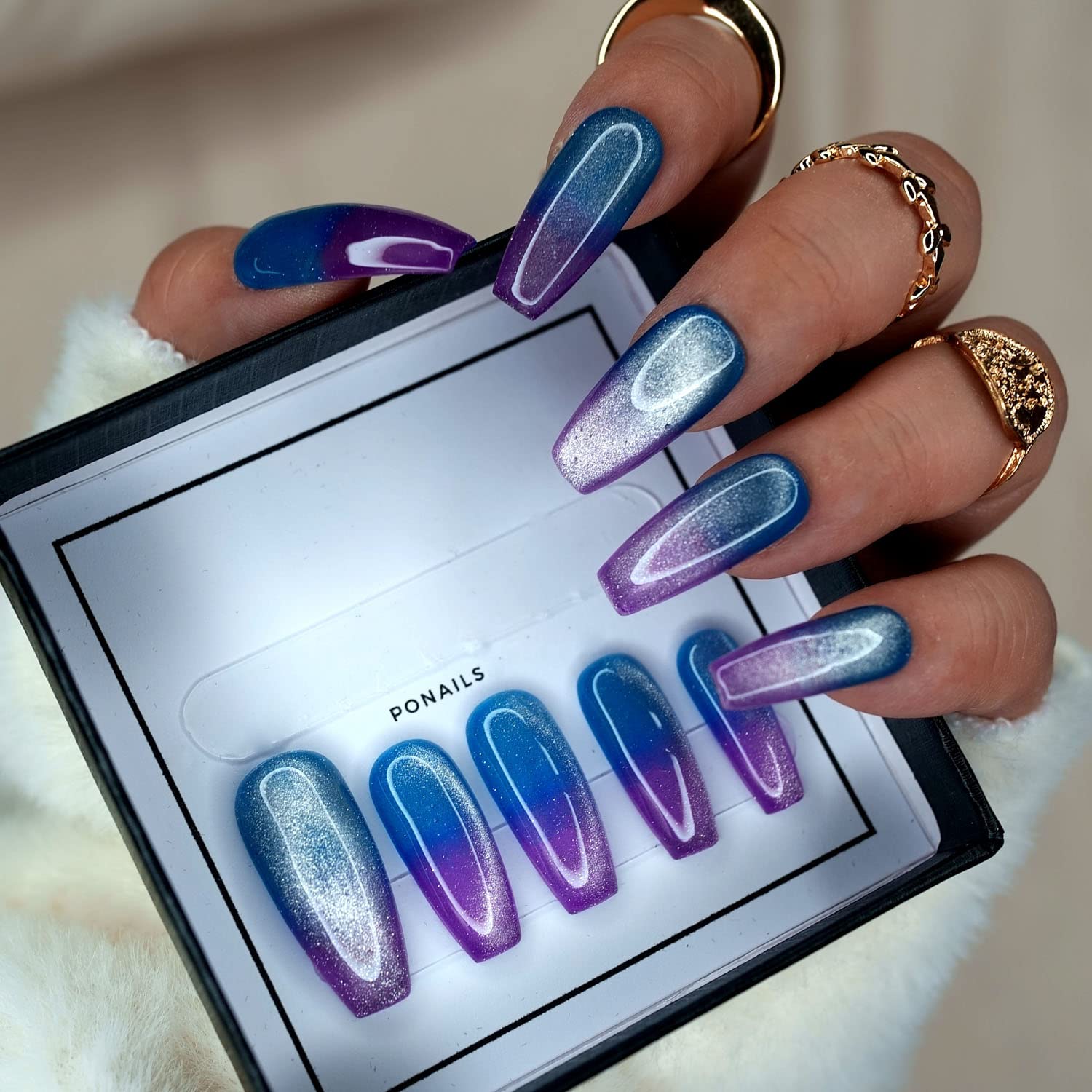 10 Pcs Handmade Press on Nails ( M, Ocean Spirit / Blue and Purple Ombre with Nano Silver Ring Cat Eye / Almond) A018M