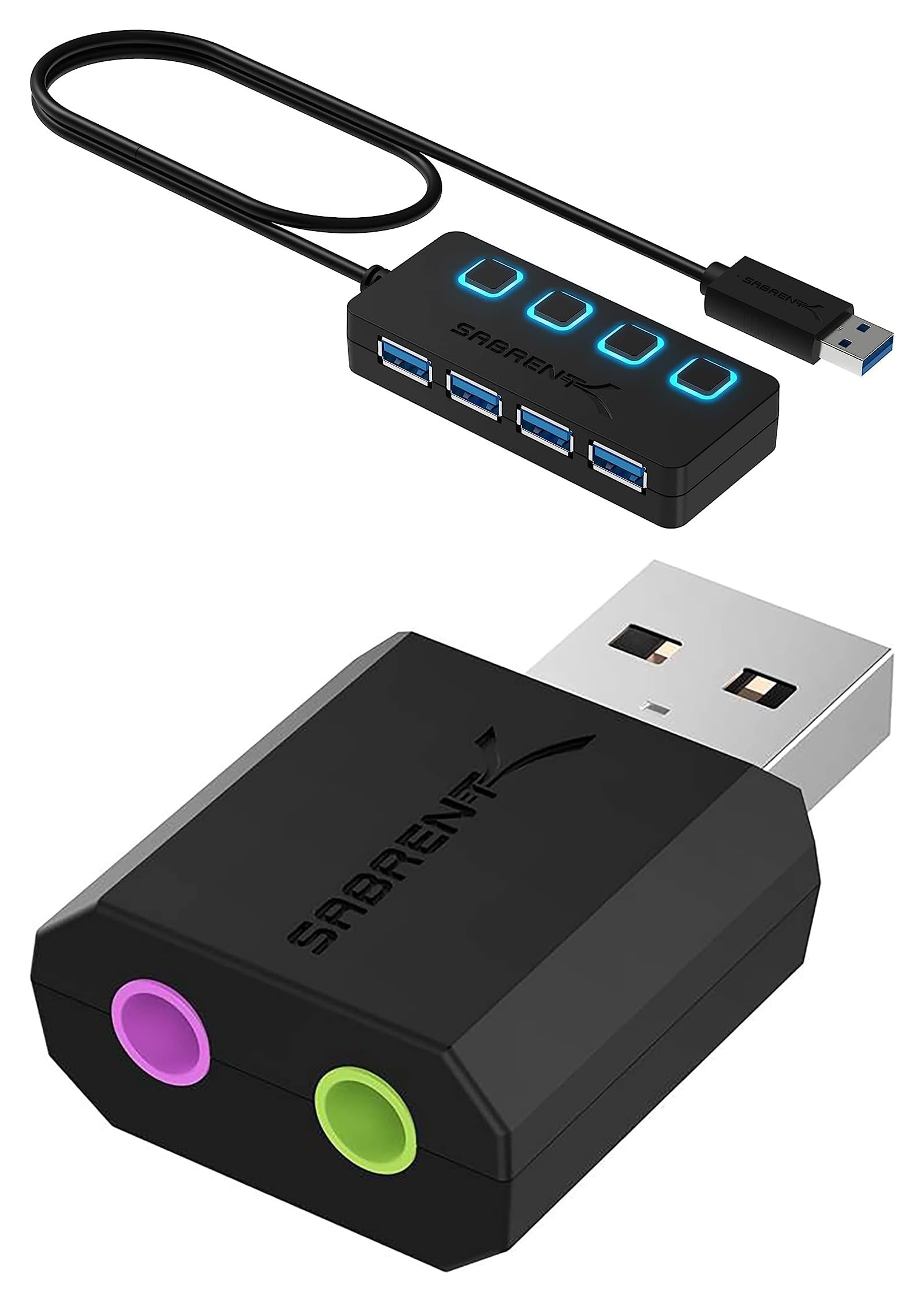USB External Stereo Sound Adapter for Windows and Mac + SABRENT 4-Port USB 3.0 Data Hub