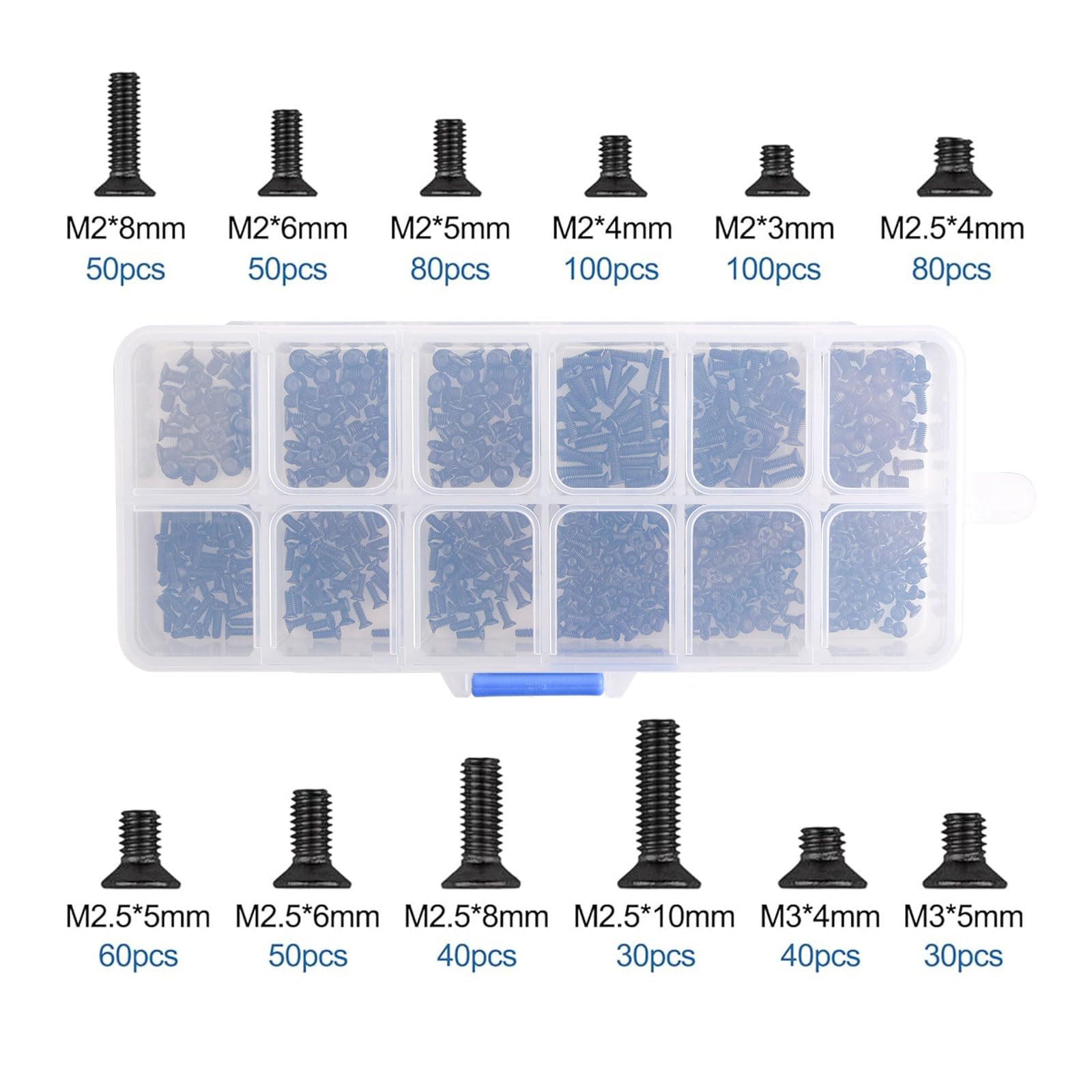 INCREWAY 710 Pcs M2 M2.5 M3 KM Flat Head Phillips Screws Cross Countersunk Machine Screw, Electronic Repair Screws Accessories, Black