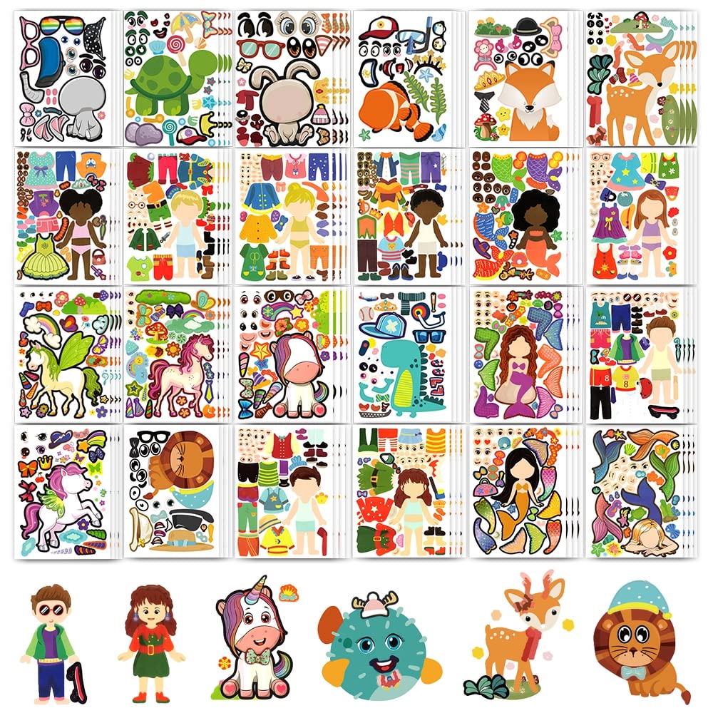 100 Pcs Funny Make Face Stickers Sheet with 25 Designs,Animals Unicorns Mermaids Figures Make Your Own Stickers for Toddlers Kids Full Body Mix and Match Craft Teacher Rewards Birthday Party Favors