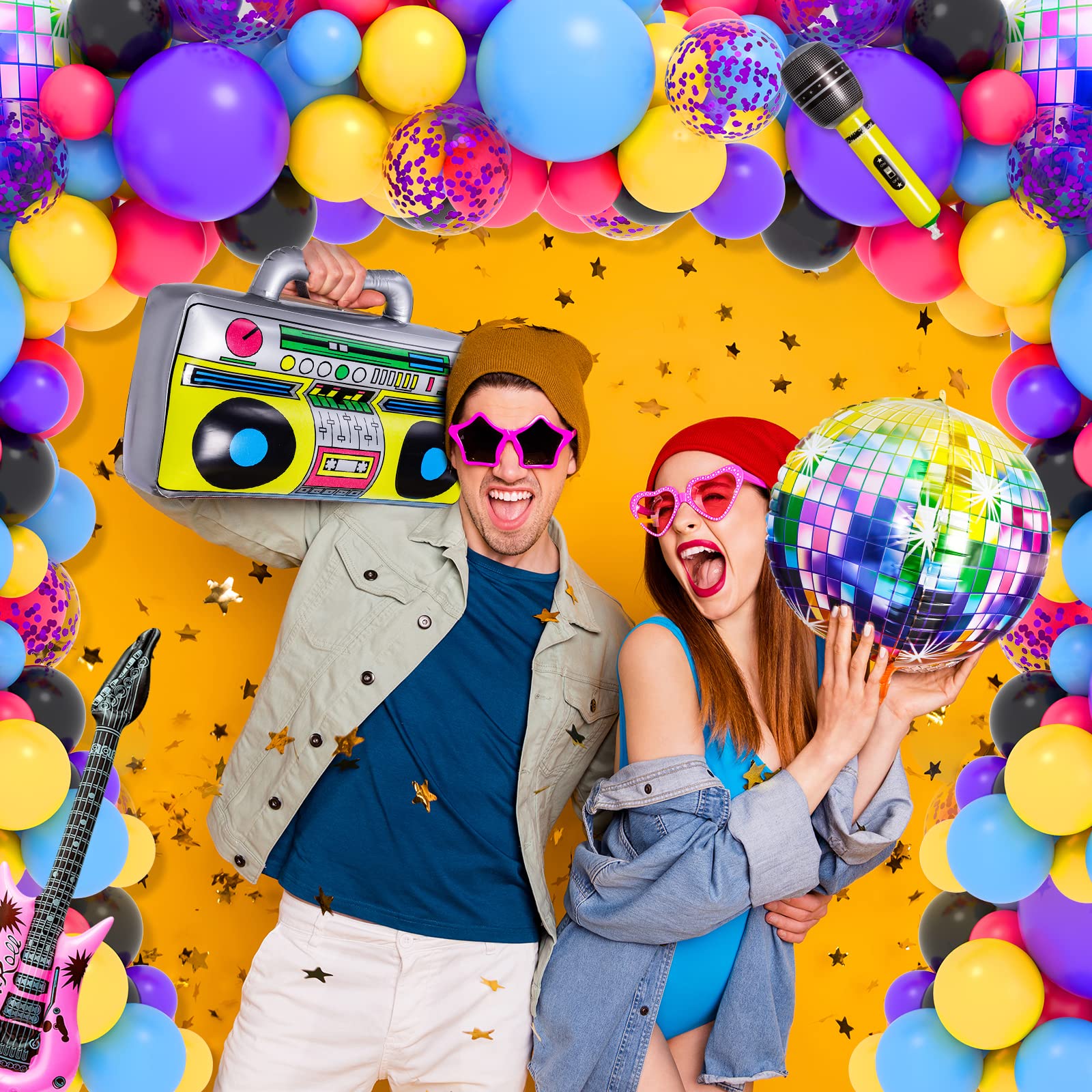 101PCS 90s Party Decorations, 90's Birthdays Party Supplies Bundle Includes Inflatable Disco Ball Radio Boom Box Retro Mobile Phone Guitar and Mobile Phone, Back to 90s Hip Hop Party for Adults