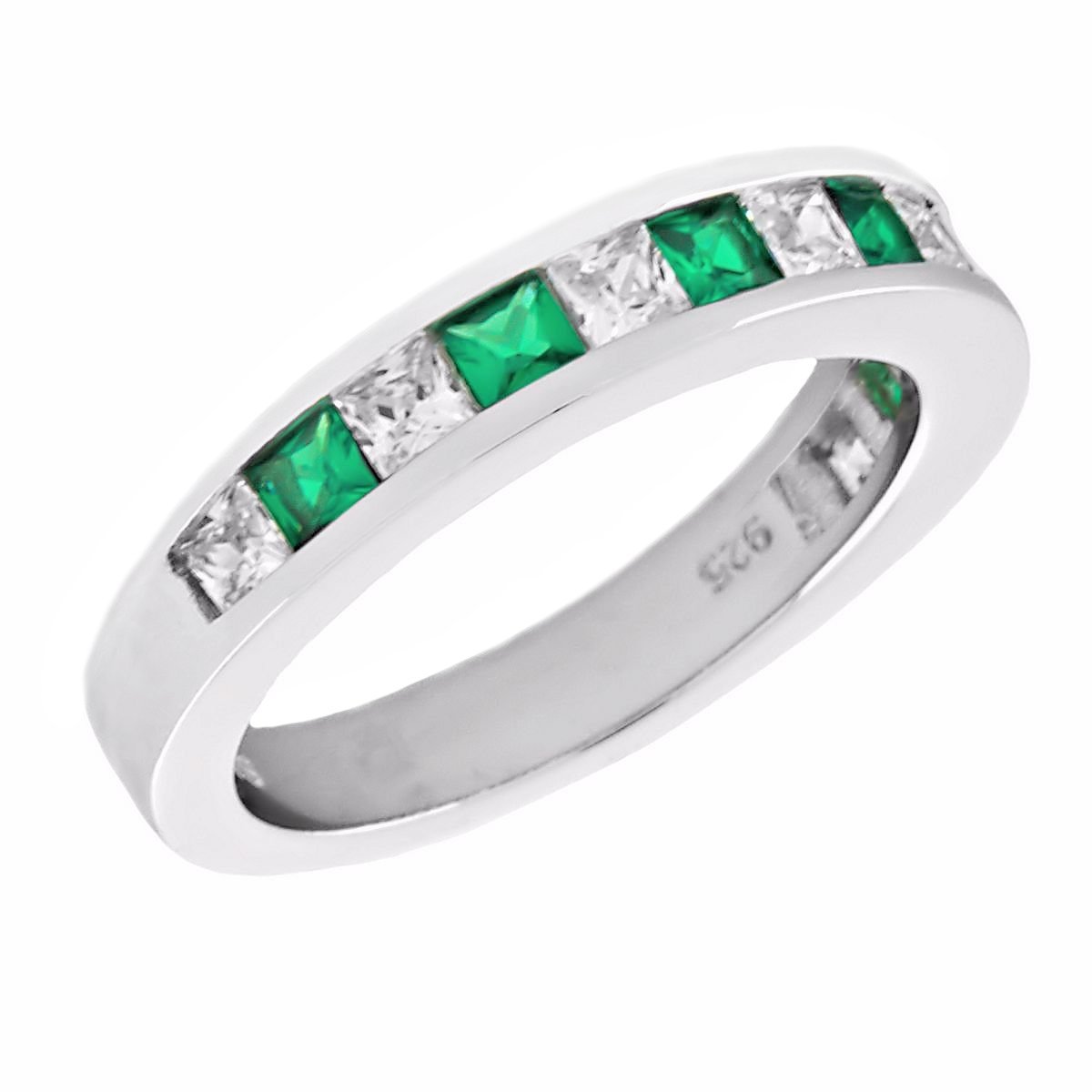1000 Jewels Olympia B: Princess-cut Simulated Emerald & IOF CZ Semi-Eternity Wedding Band Silver, 30244 sz 7.0