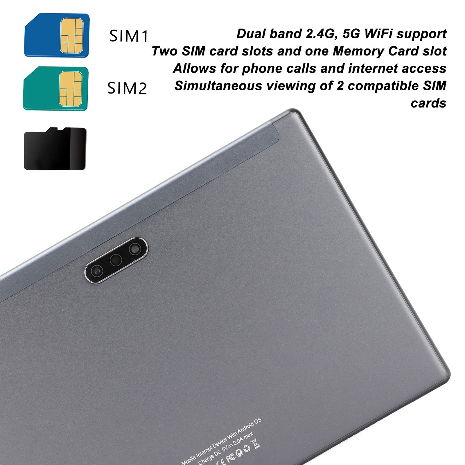 10 Inch HD Tablet, Dual SIM Dual Standby Calling Tablet, 4GB 64GB Octa Core CPU, IPS Display 5G WiFi HD Tablet (Silver Grey)
