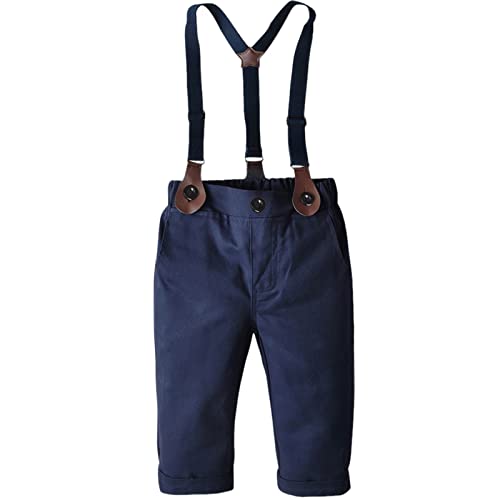 Joe Wenko Baby Boys Clothes Pants Set, Long Sleeve Dress Shirts with Bowtie and Suspender Pants Outfit Navy, 18-24 Months